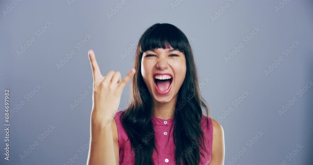 Face, rock and roll with woman, culture and happiness with energy on a ...