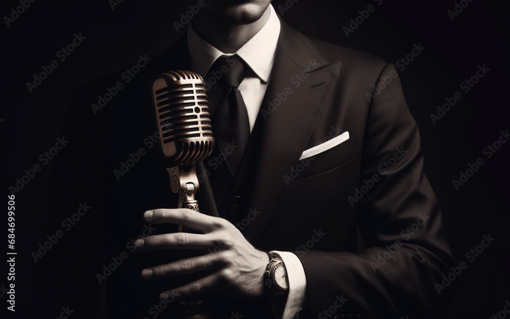 old fashioned male singer Man in a suit holding an antique microphone ...