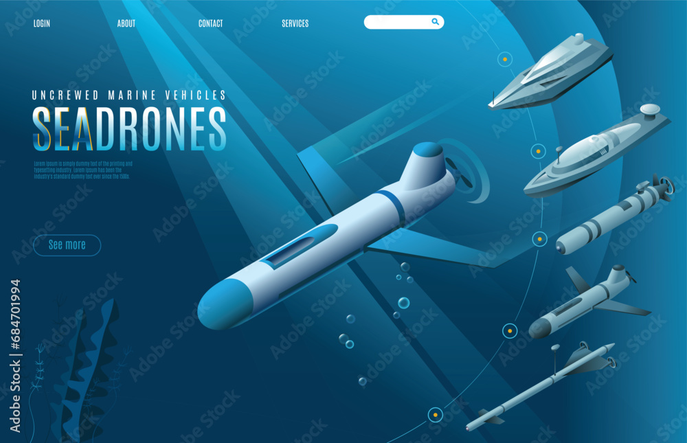 Sea Drones Landing Page of Uncrewed Marine Vehicles. Isometric icons of ...