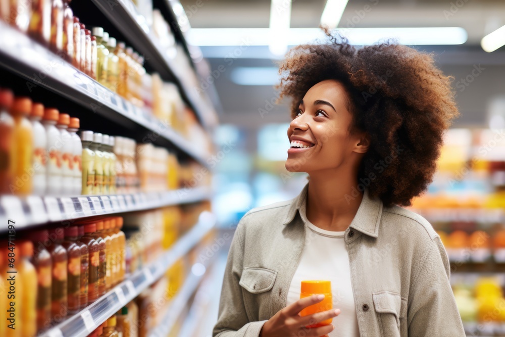 Woman Compares Products, Exhibits Informed Consumer Behavior In Grocery ...