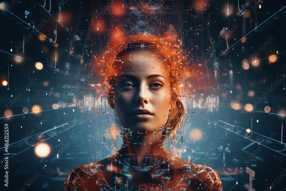 A female face with matrix digital numbers, dots, links, a hologram. The concept of artificial ...