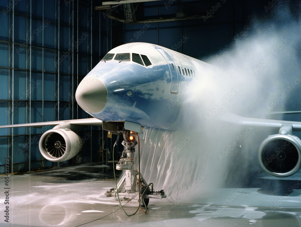 "Aircraft undergoing aerodynamic testing in a wind tunnel to assess its ...