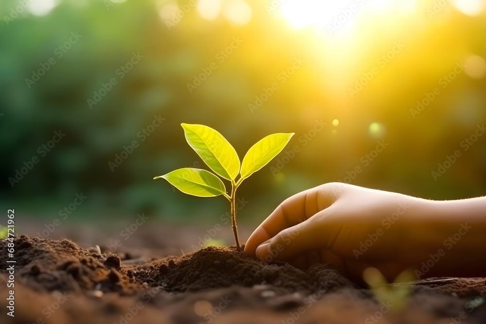 Hand and sprout seedling. Care Of New Life. Neural network AI generated ...