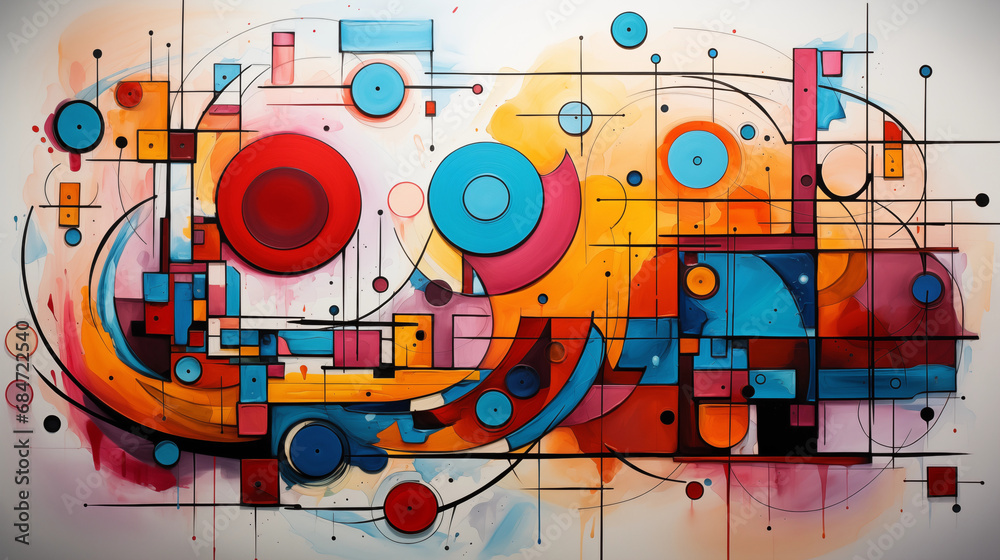 A colorful abstract painting with geometric shapes and patterns. A ...