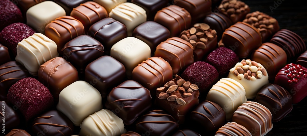 A detailed capture showcasing a diverse array of delectable chocolates ...