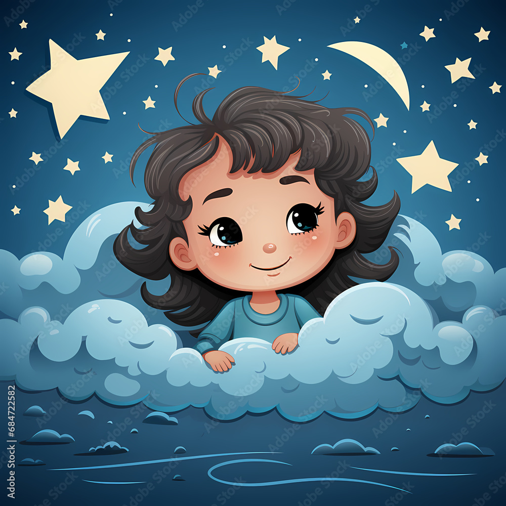Cartoon kid Girl sleep at night, wake up at morning. Stock Illustration ...