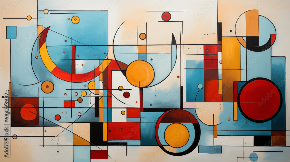 A colorful abstract painting with geometric shapes and patterns. A ...