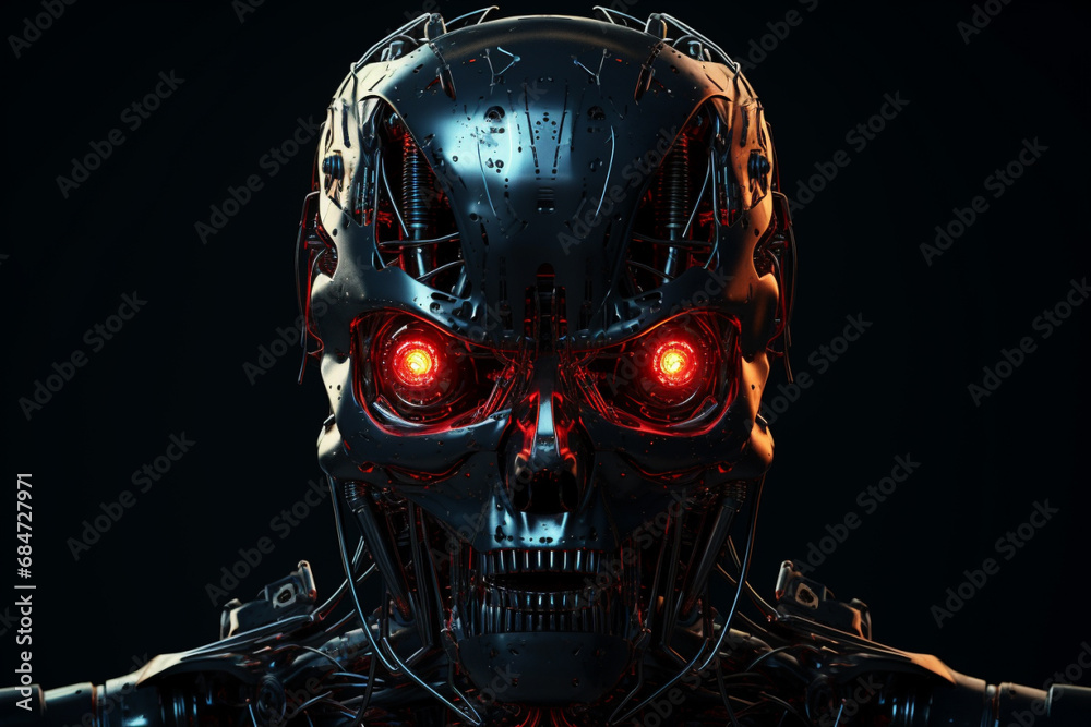 Explore the future with a portrait of a menacing metallic android robot ...