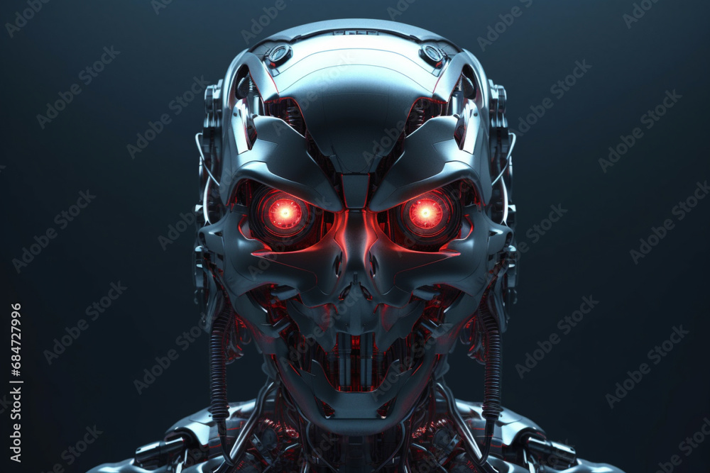 Explore the future with a portrait of a menacing metallic android robot with striking red eyes ...
