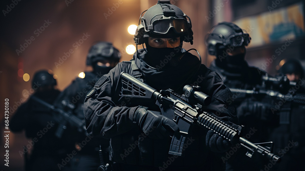 SWAT Team Action: Police Officers with Guns Storming In as a Group ... SWAT Team Action: Police Officers with Guns Storming In as a Group ...
