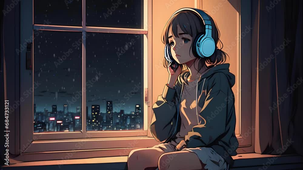 lofi young girl headphones sitting alone on the room feeling sad and ...