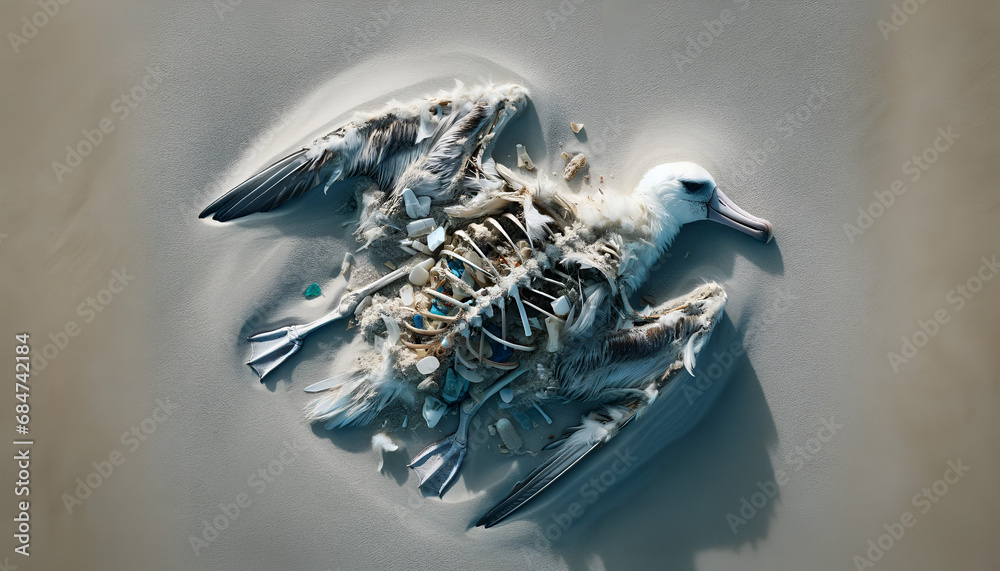 Dead albatross lays on the beach. Seaborne plastic debris endangers ...