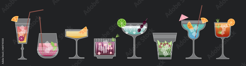 Set alcoholic cocktails in a cartoon retro style in glasses of ...
