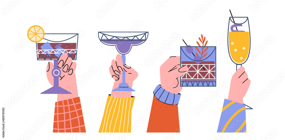 Hands hold cocktails and cheers. Hands with alcoholic drinks, champagne ...