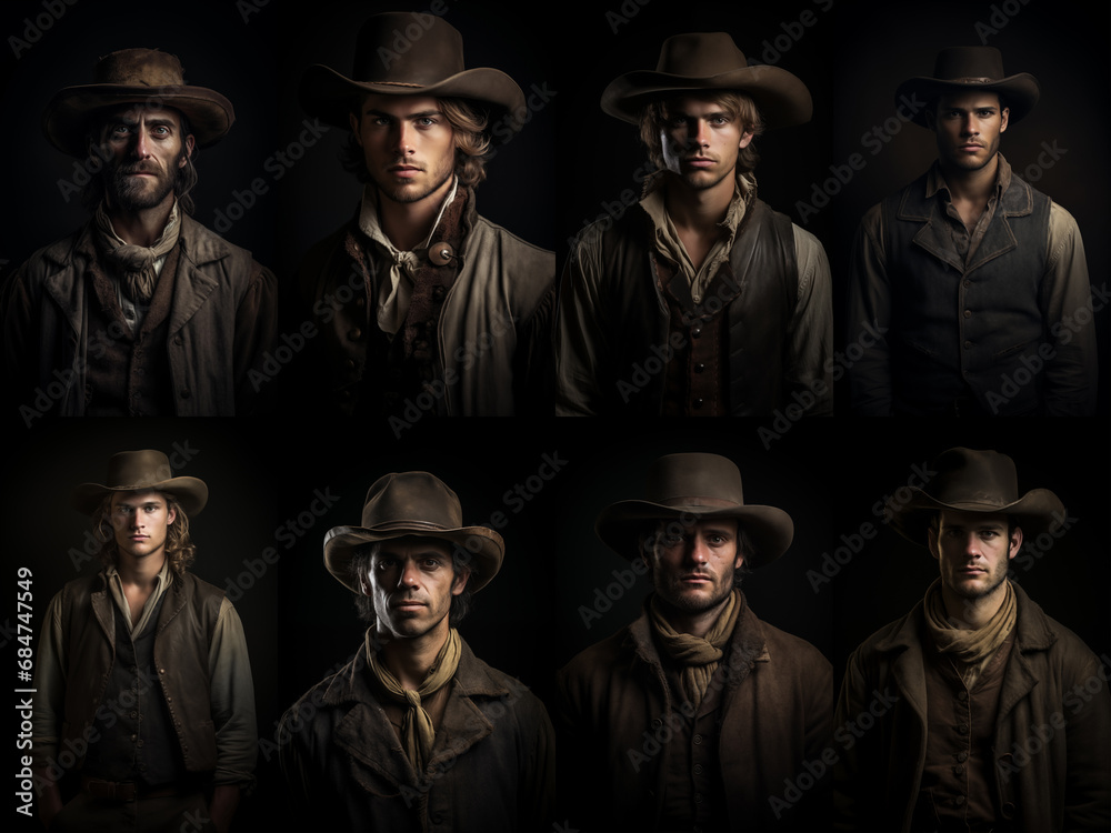 Set of wild west era men characters - old and young - cowboy hat and ...