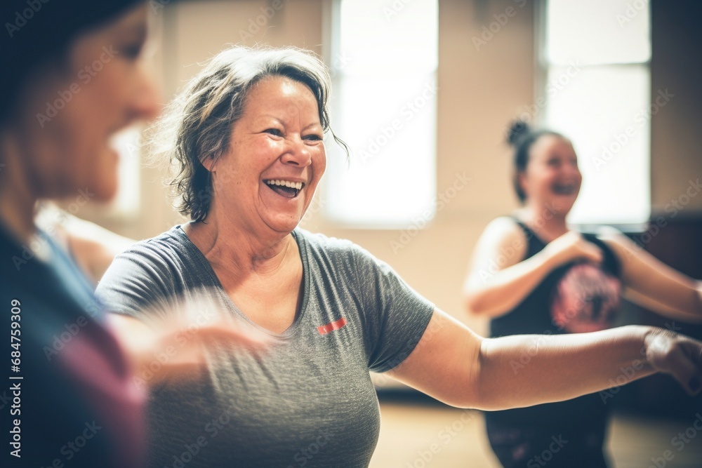 Zumba unites middle-aged friends in a lively dance class. Candid joy ...