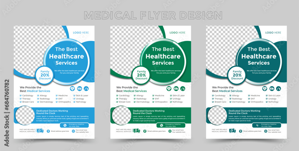 Medical & health flyer template design set with variation color ...
