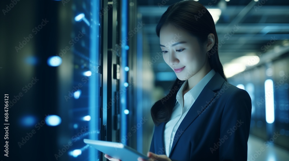 Asian Woman with tablet,datacenter and information technology, engineer ...