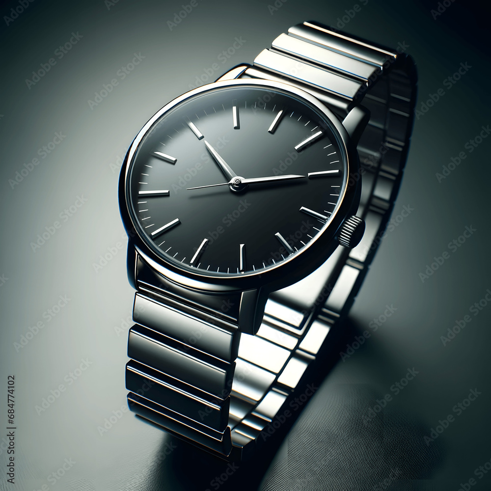 A high-fashion men's wristwatch, sleek and modern, with a metallic ...