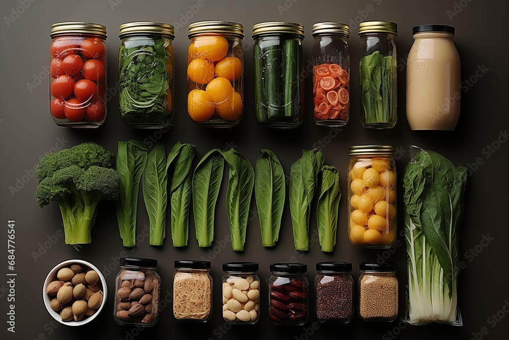 Preserving food. Grocery items in glass containers, top view flat lay ...