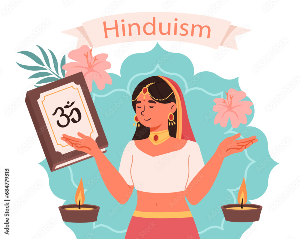 Hinduism girl concept. Woman in red cape with traditional indian books ...