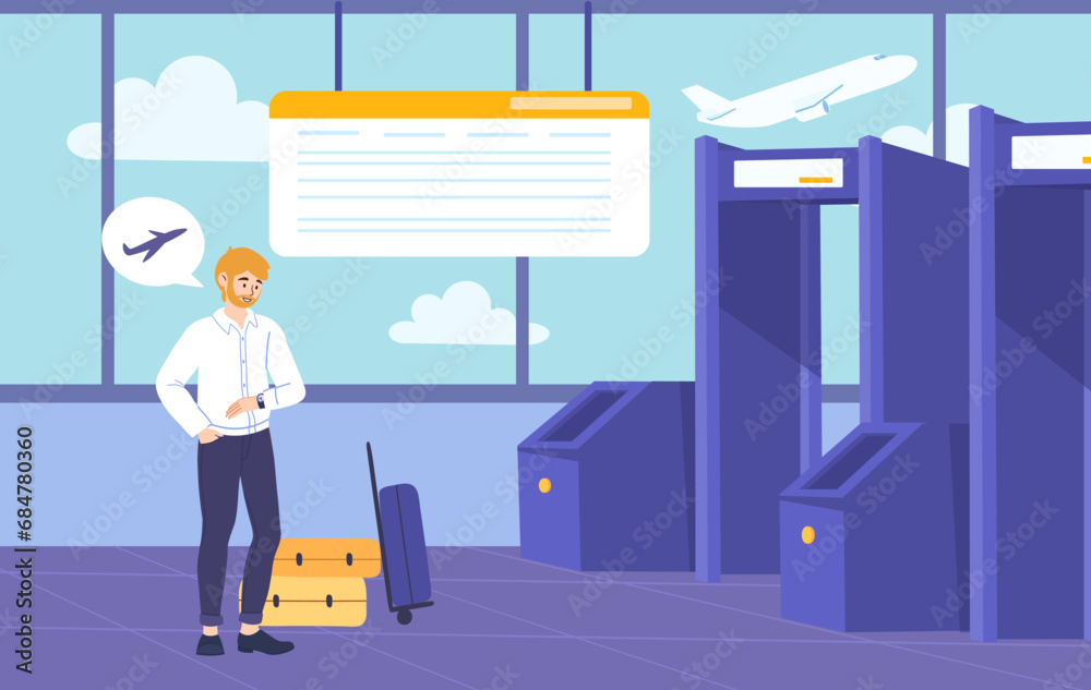 Man at airport concept. Young guy with baggage and luggage in terminal ...