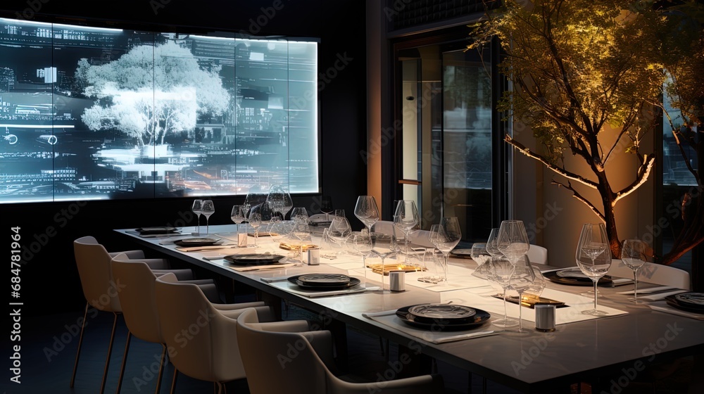 Dining room with an interactive projector on the table, electronic menu ...
