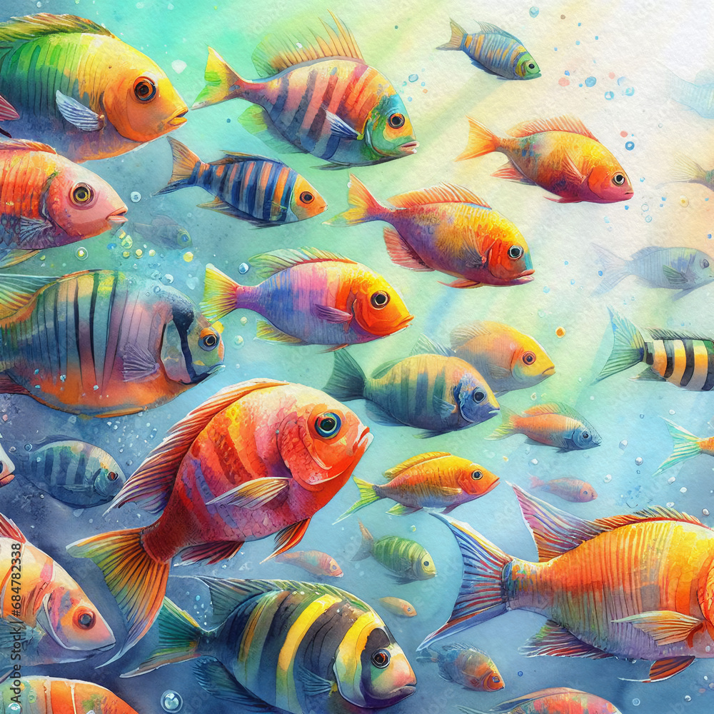 Bright fish swim in a school. Sea bottom. Watercolor illustration ...