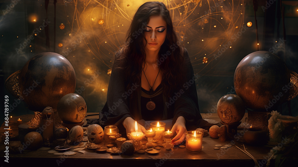 Young mystical witch with a black dress, long hair, and a magic amulet ...