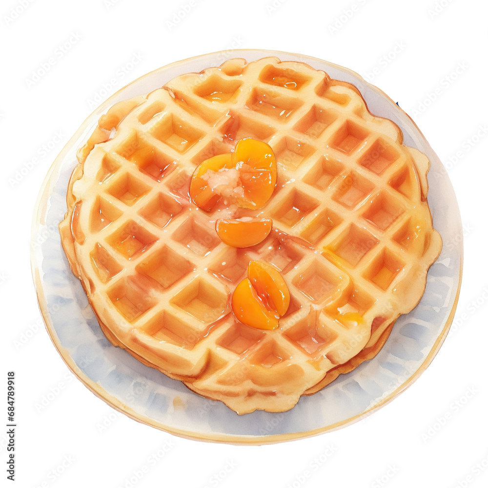 watercolor illustration, waffles with apricot jam, sweet dessert, top ...