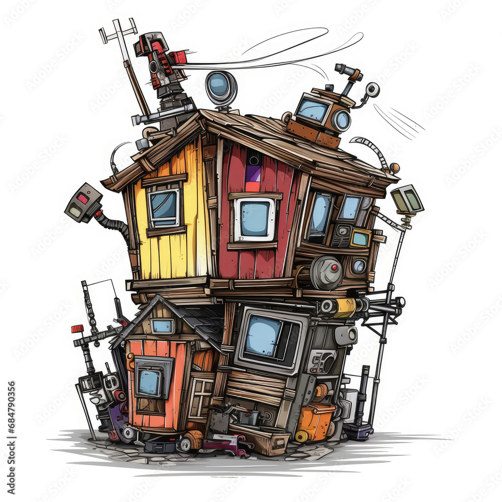House made up of scrap metal robots. 2D vector. White background. Stock ...