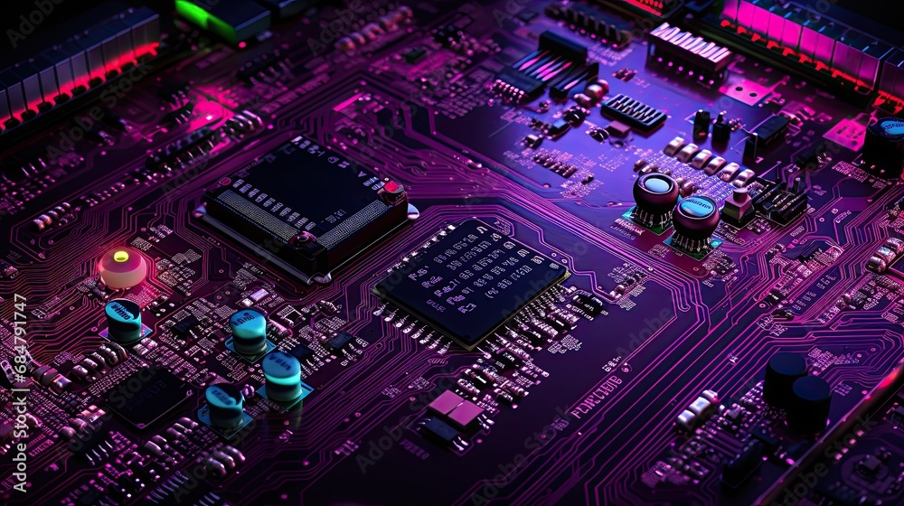 PCB hardware, with electronic components and circuits, in fushia and ...