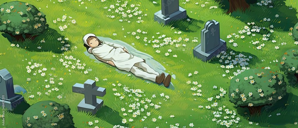 Boy sleeping in a beautiful graveyard with white little flowers in ...