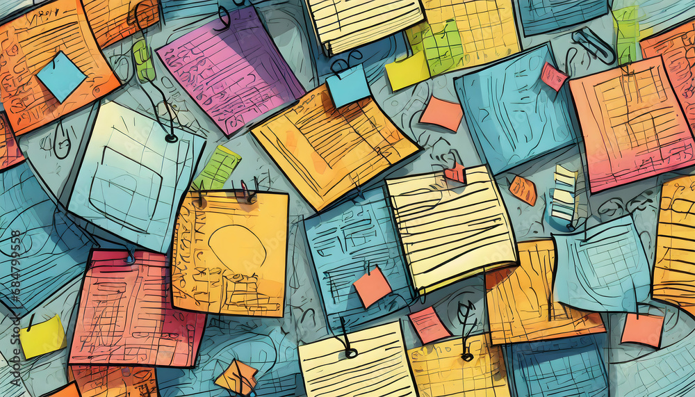 Background composed of digital post-it notes filled with sketches ...