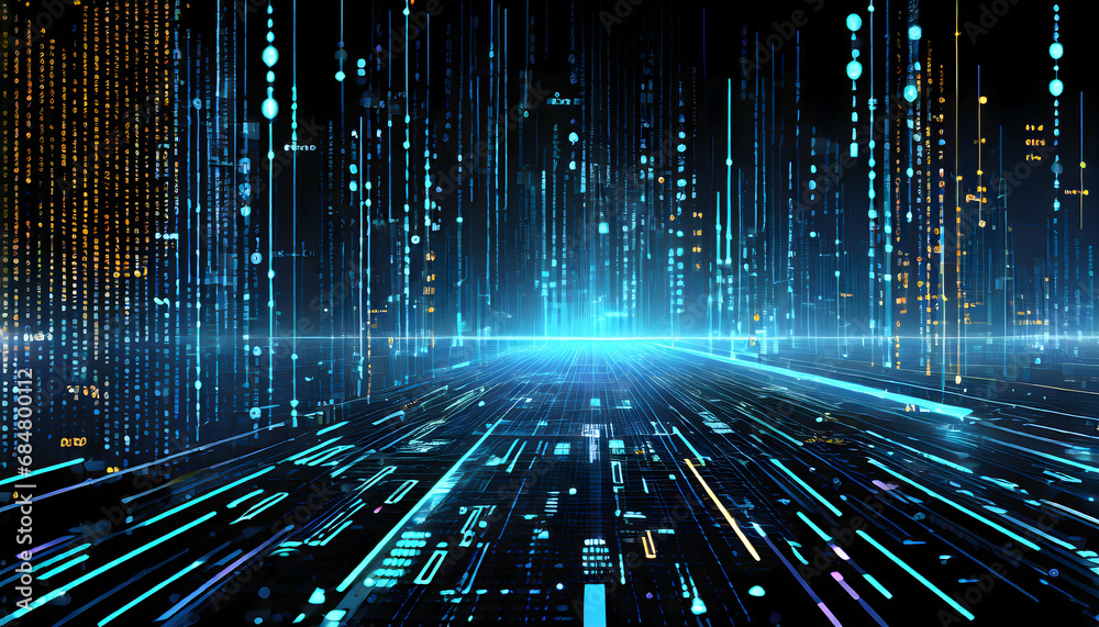 Futuristic technology background with a digital rain of code, merging ...