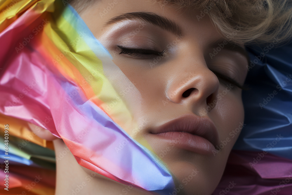 Very beautiful face of a young non binary person with short blond hair ...