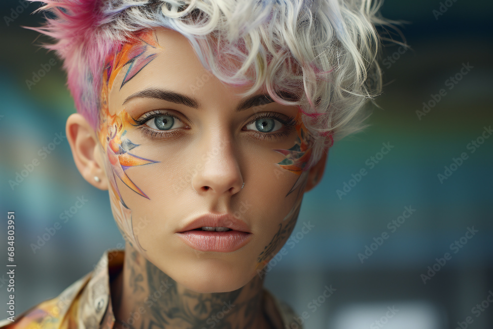 Very beautiful face of a young non binary woman with short white hair ...