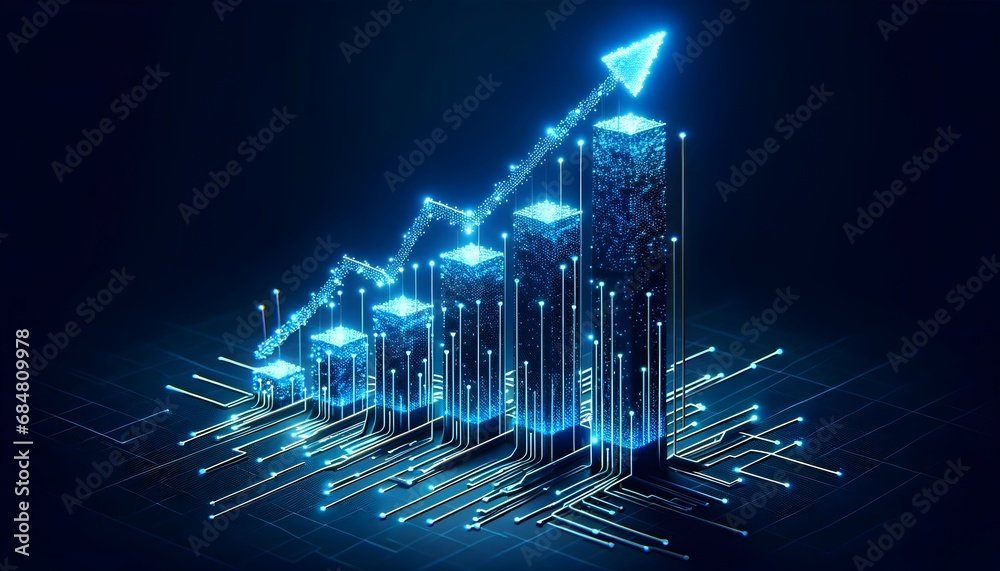 The image features a glowing neon blue 3D bar graph with rising bars ...
