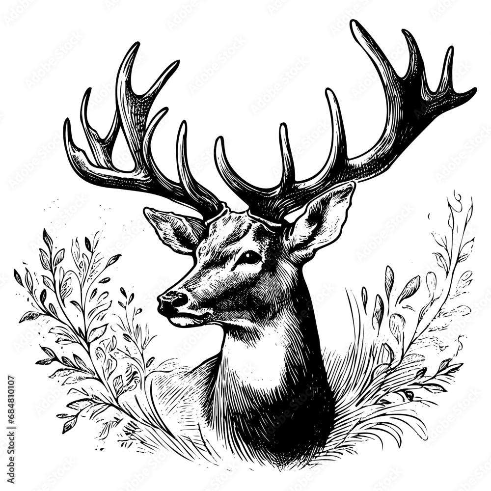 Vecteur Stock Portrait realistic engraving of deer isolated black and ... Vecteur Stock Portrait realistic engraving of deer isolated black and ...