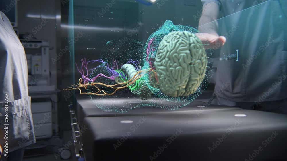 Medical professionals in AR headsets work in operating room using ...