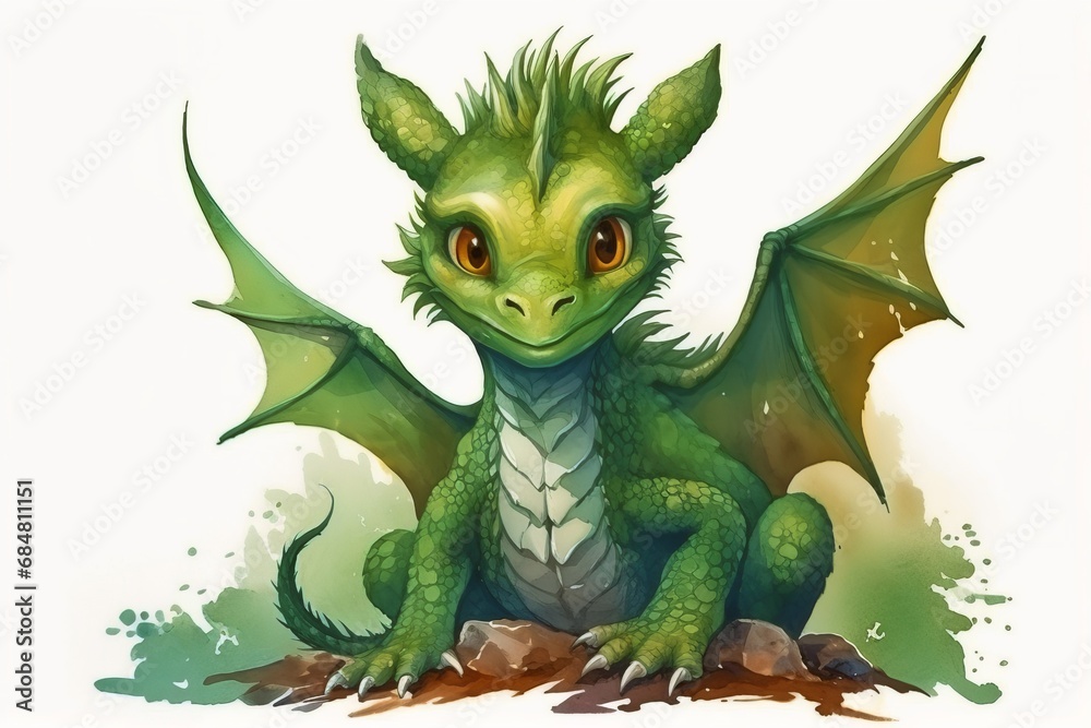 An endearing young green dragon with wide eyes and extended wings ...