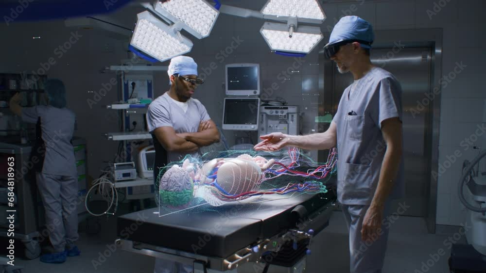 Multiethnic surgeons work in operating room wearing AR headsets, using ... Multiethnic surgeons work in operating room wearing AR headsets, using ...