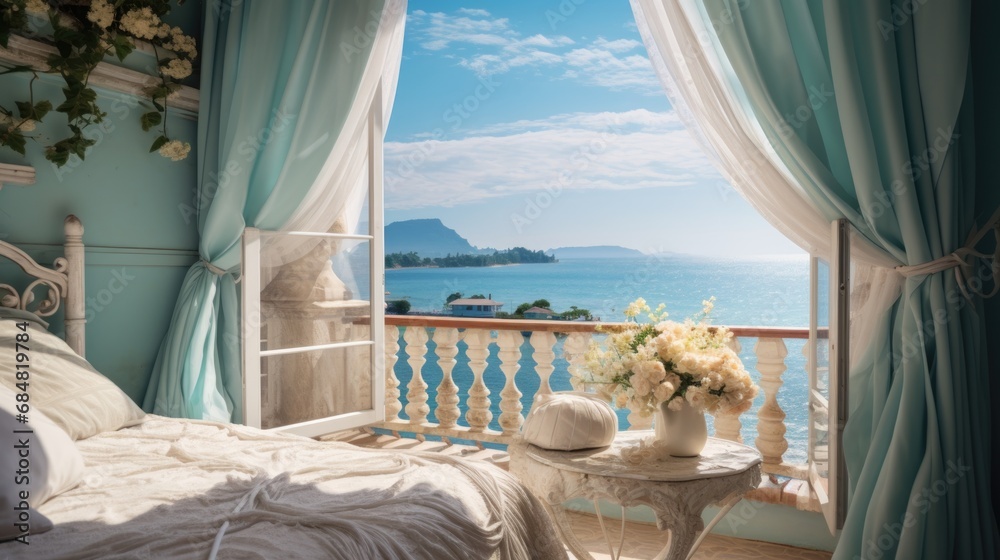 Beautiful luxury hotel room with a view of the ocean. Open balcony ...
