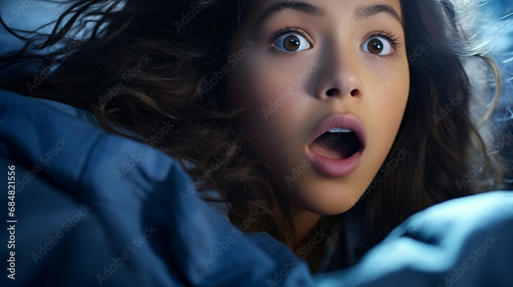 multiracial teenage girl with surprised, scared expression lying in bed ...