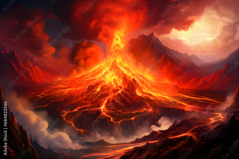 volcanic eruption, streams of incandescent lava flow down the slope ...