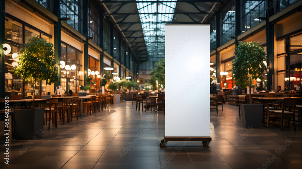 roll up mockup poster stand in an shopping center as wide banner design ...