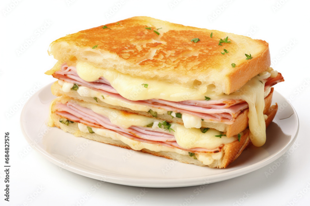 A gourmet French croque-monsieur sandwich side view isolated on white ...