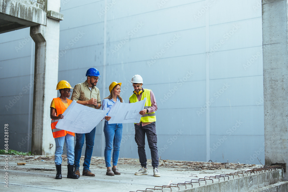 Group Construction workers looking at blueprints on construction site ...