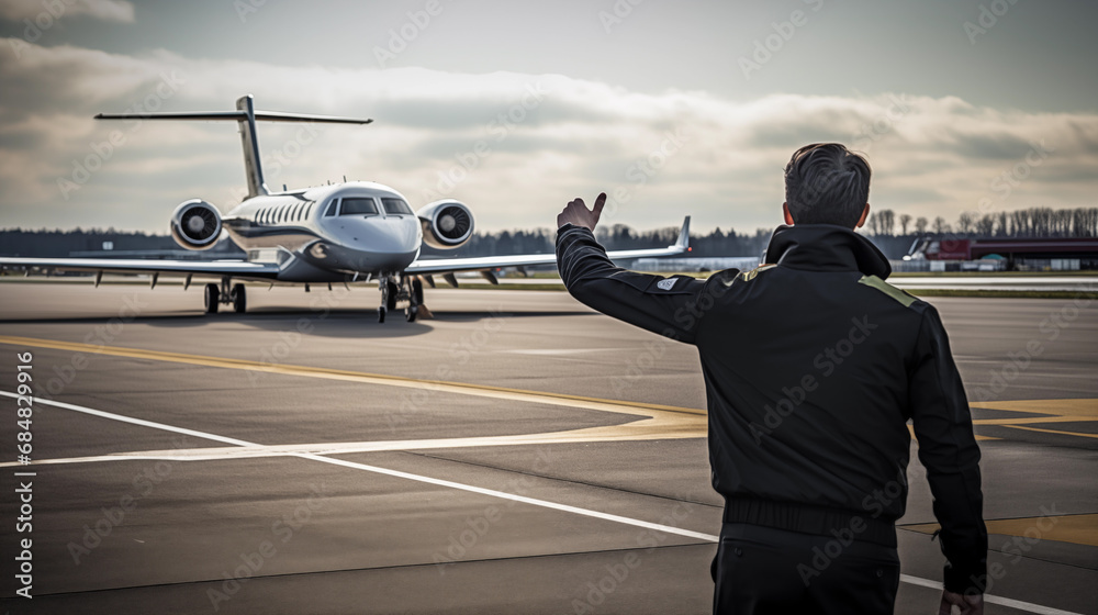 ground crew marshal signaling a private jet while taking off from the ...
