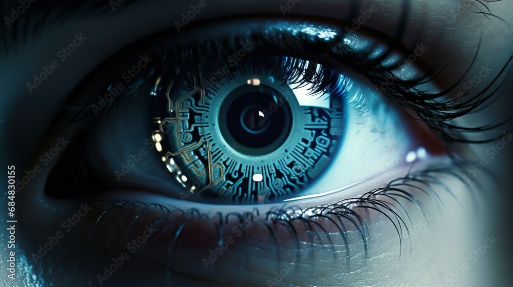 Humanlike robot's eye. Young woman with iris scanning. Cyber security ...